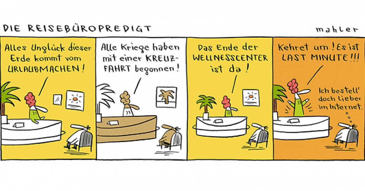 Cartoon von Nicolas Mahler "Reisebüropredigt" | chrismon